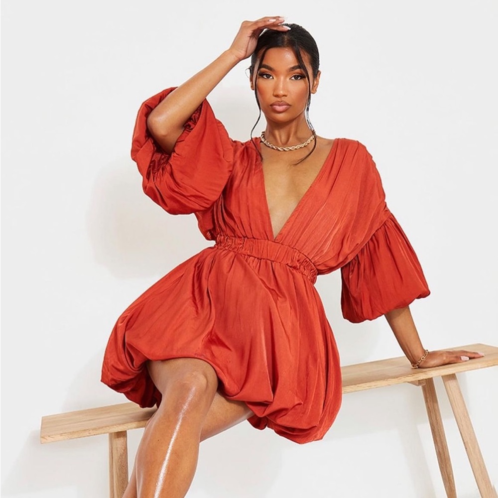 Rust/ Burnt Orange Puffer Sleeve Bubble Dress - Gem